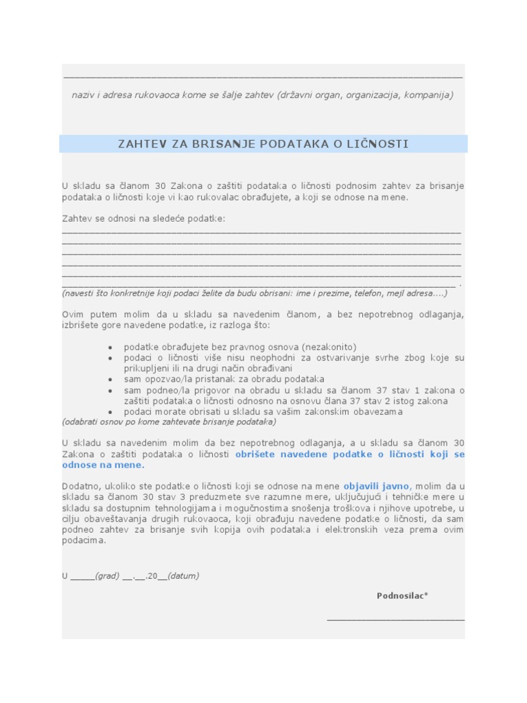 Čl. 30 ZZPL Zahtev Za Brisanje Podataka o Ličnosti | PDF