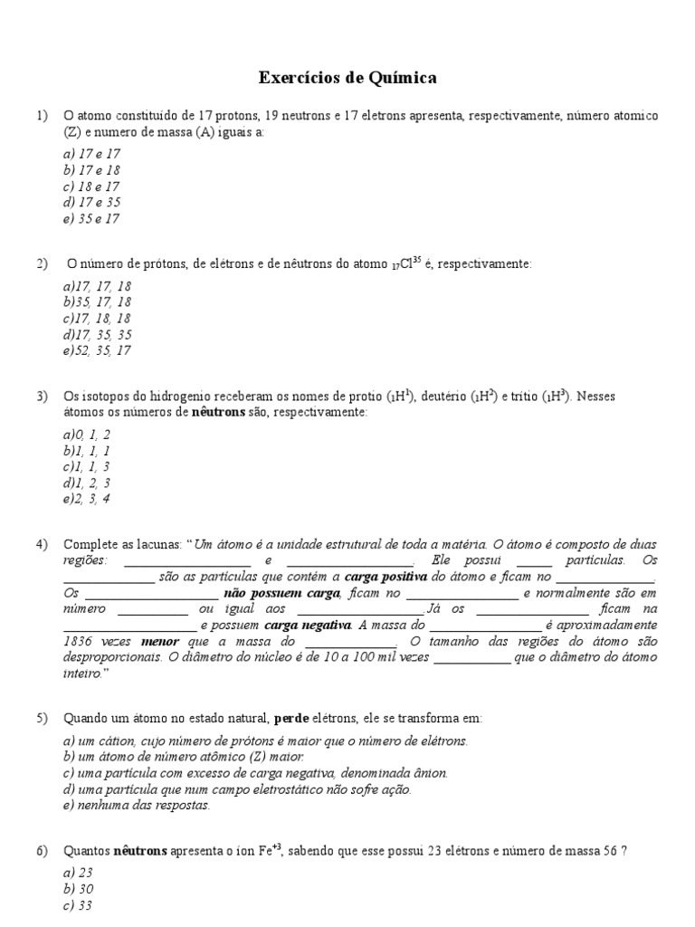 Exercícios de Química - Estrutura Atômica | PDF | Próton | Nêutron