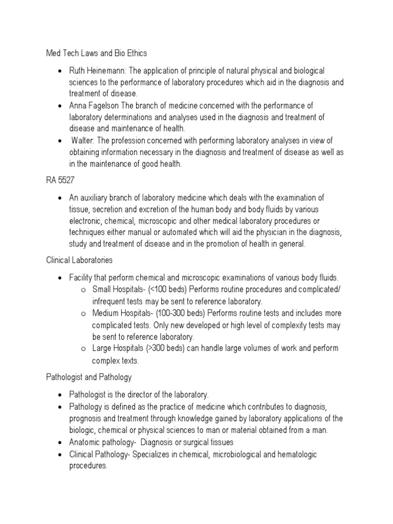Med Tech Laws and Bioethics Overview | PDF | Pathology | Medicine