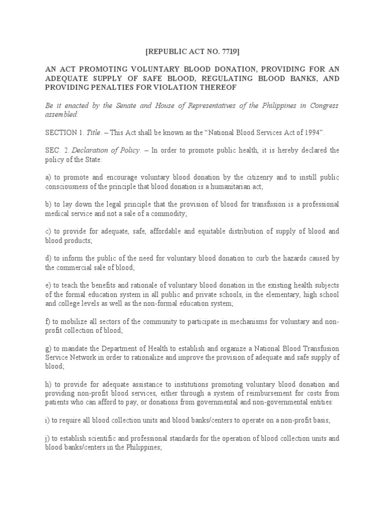 Republic Act No 7719 | PDF | Blood Donation | Blood Transfusion