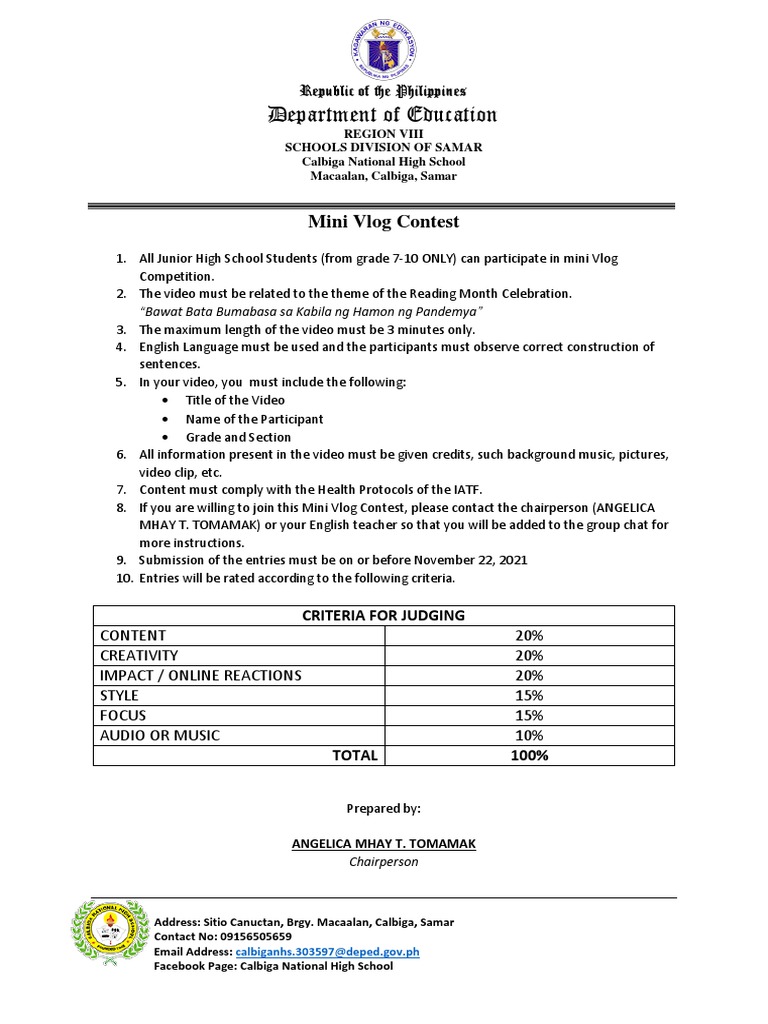 Department of Education: Mini Vlog Contest | PDF