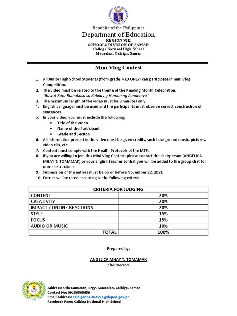 Department of Education: Mini Vlog Contest | PDF