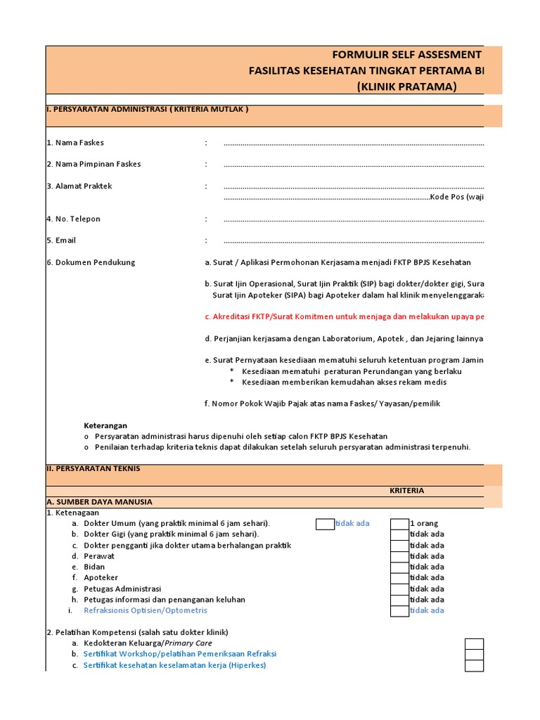 Formulir Self Assesment FKTP Perpanjangan Klinik Pratama Rawat Jalan | PDF