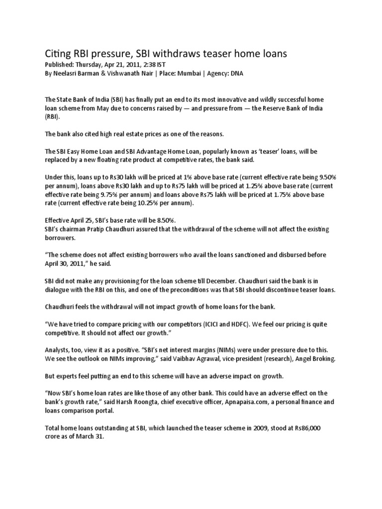 SBI Ends Teaser Home Loans Amid RBI Pressure | PDF | Reserve Bank Of ...