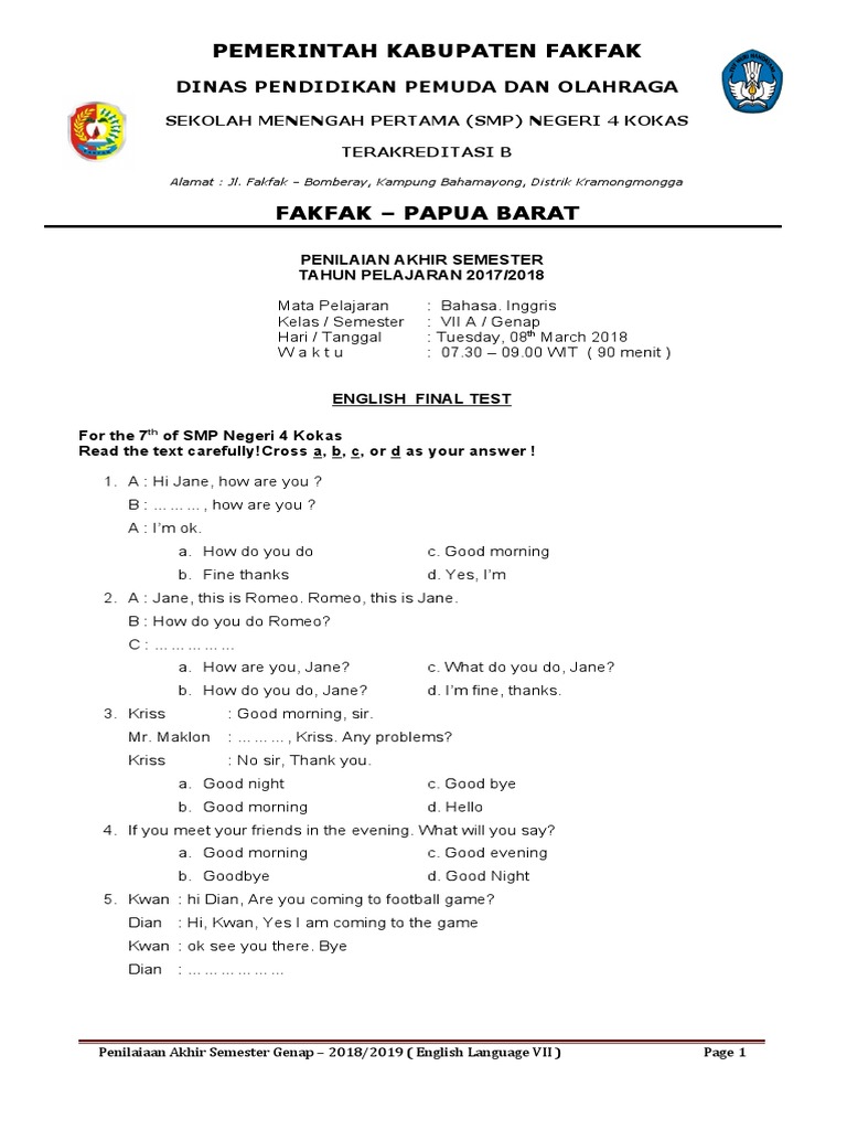 Grade 7 English Final Exam 2018 | PDF | Home | Cooking