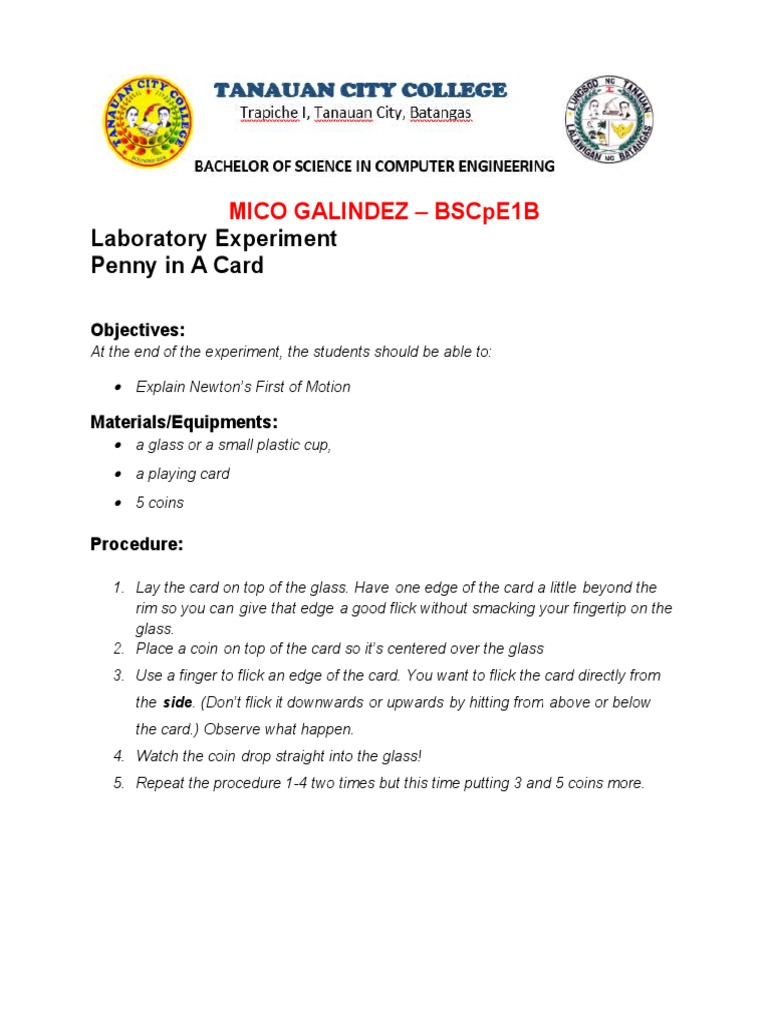 Inertia and Coin Drop Experiment | PDF | Inertia | Force