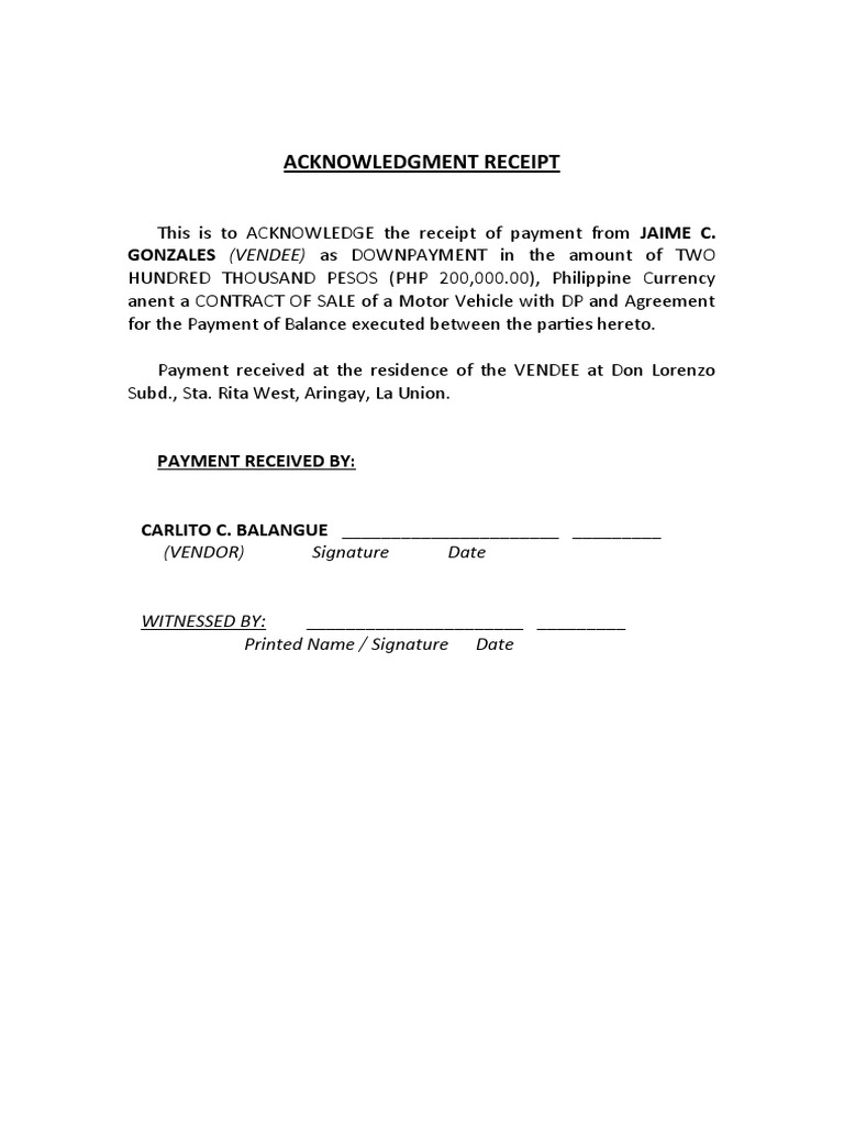 Acknowledgment Receipt Re Contract of Sale Between Balangue and ...