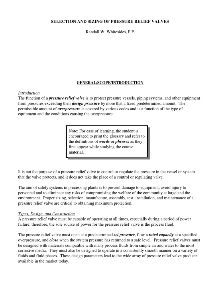 Selection and Sizing of Pressure Relief Valves | PDF | Pressure | Valve