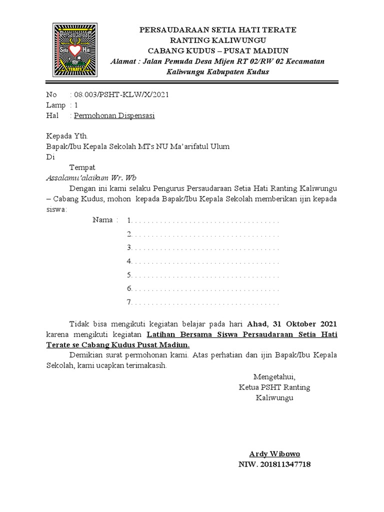 Surat Permohonan Dispensasi PSHT | PDF