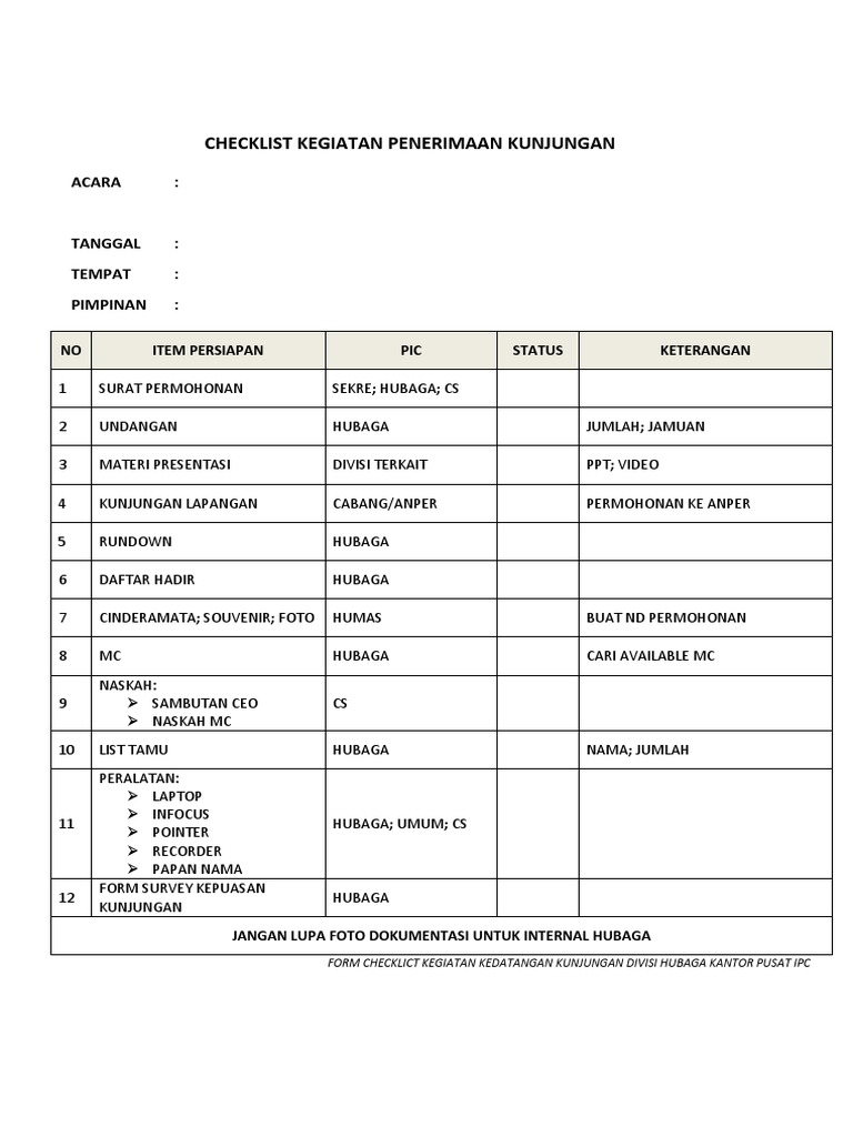 Checklist Kegiatan Kunjungan | PDF