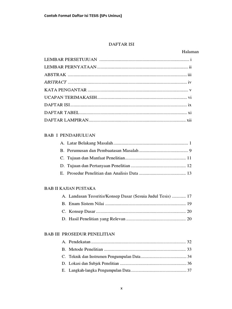 Contoh Daftar Isi Tesis S2 Uninus | PDF