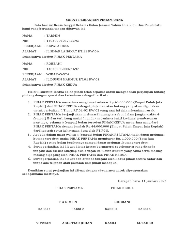 Surat Perjanjian Pinjam Uang | PDF