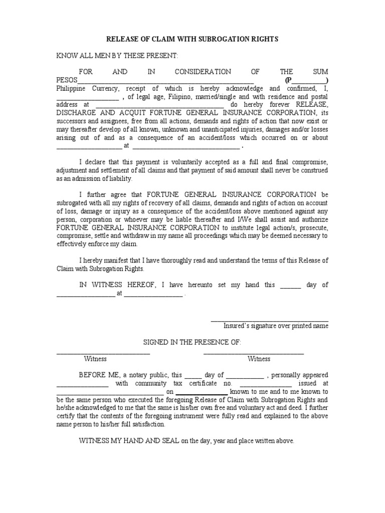 Release Of Claim With Subrogation Right Pdf Subrogation Insurance
