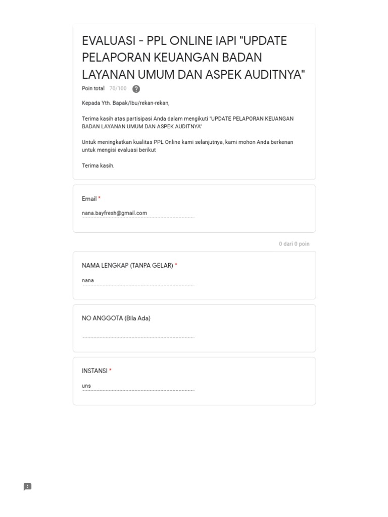 Evaluasi - PPL Online Iapi - Update Pelaporan Keuangan Badan Layanan Umum Dan Aspek Auditnya | PDF