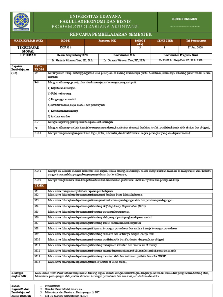 RPS Teori Pasar Modal | PDF | Bisnis | Seni