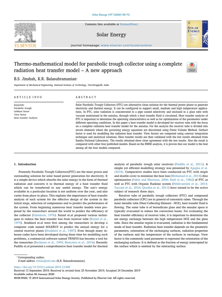 Thermo Mathematical Model For Parabolic Trough Collector Using A 2020 ...