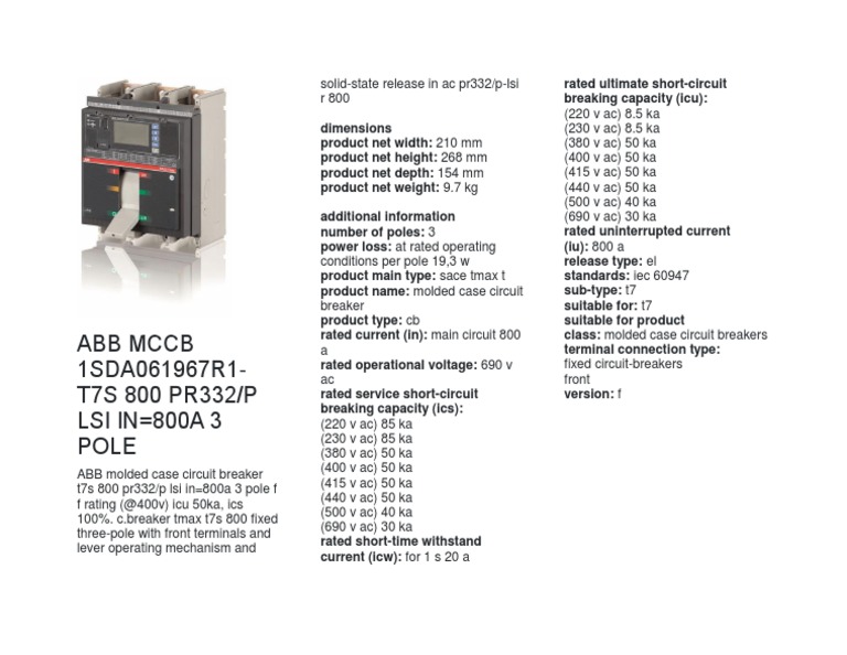 Specifications and technical details of an ABB three-pole 800 Amp ...