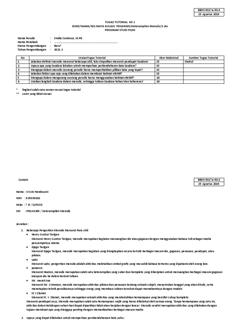 Tugas Tutorial Ke-1 KODE/NAMA/SKS MATA KULIAH: PDGK4305/Keterampilan Menulis/2 Sks Program Studi ...