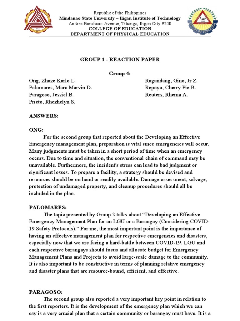 Reaction Paper (Group4) | PDF | Emergency Management | Emergency