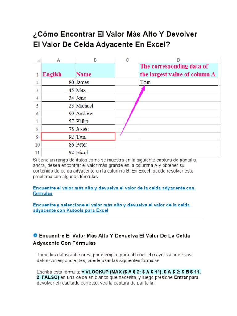 Excel: Valor Máximo y Celda Adyacente | PDF