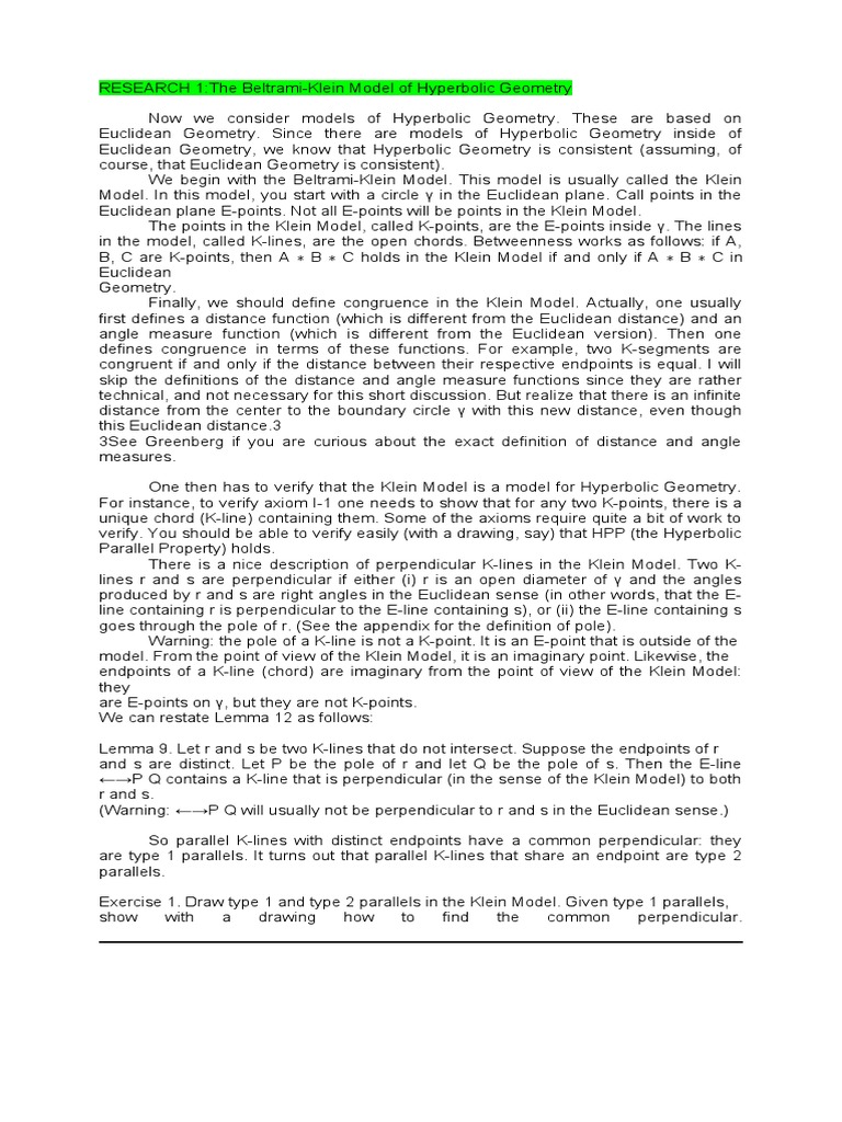 Beltrami-Klein Model of Hyperbolic Geometry | PDF | Hyperbolic Geometry ...