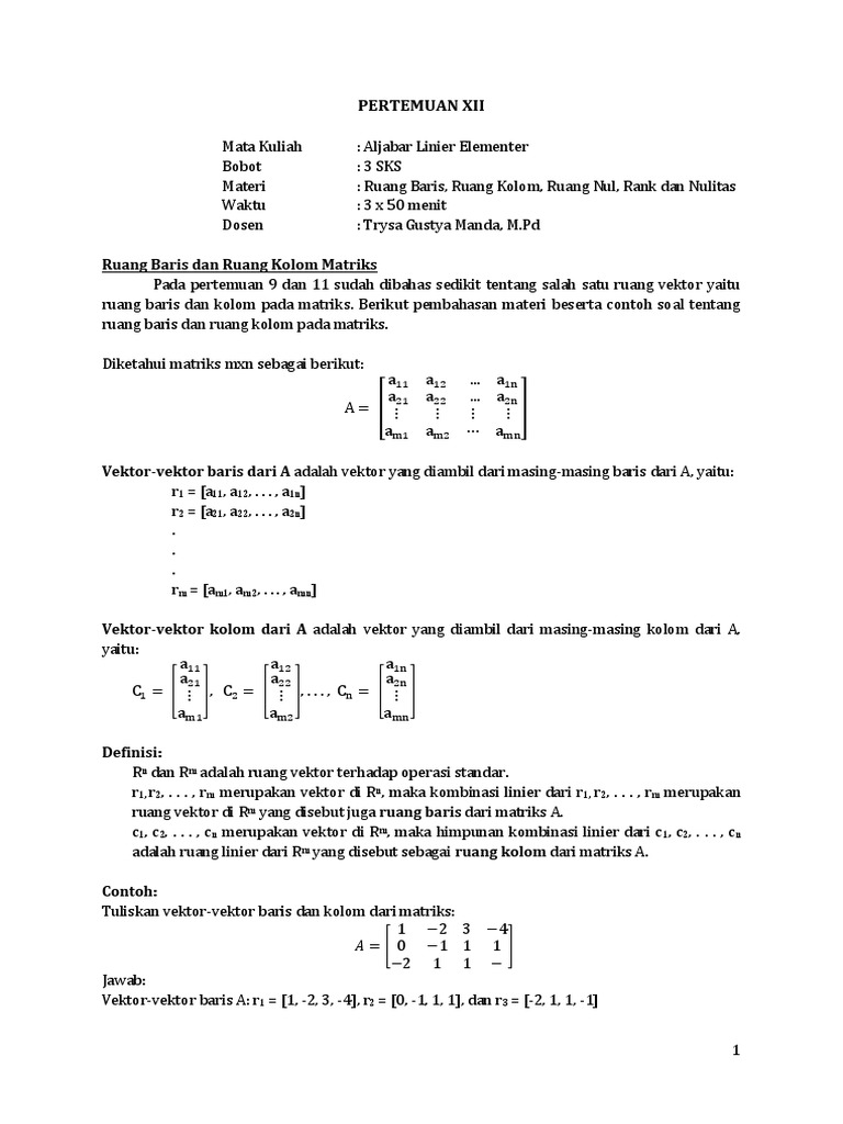 PERTEMUAN 12 Ruang Baris, Ruang Kolom, Ruang Nul, Rank Dan Nulitas | PDF | Metode & Bahan Ajar ...