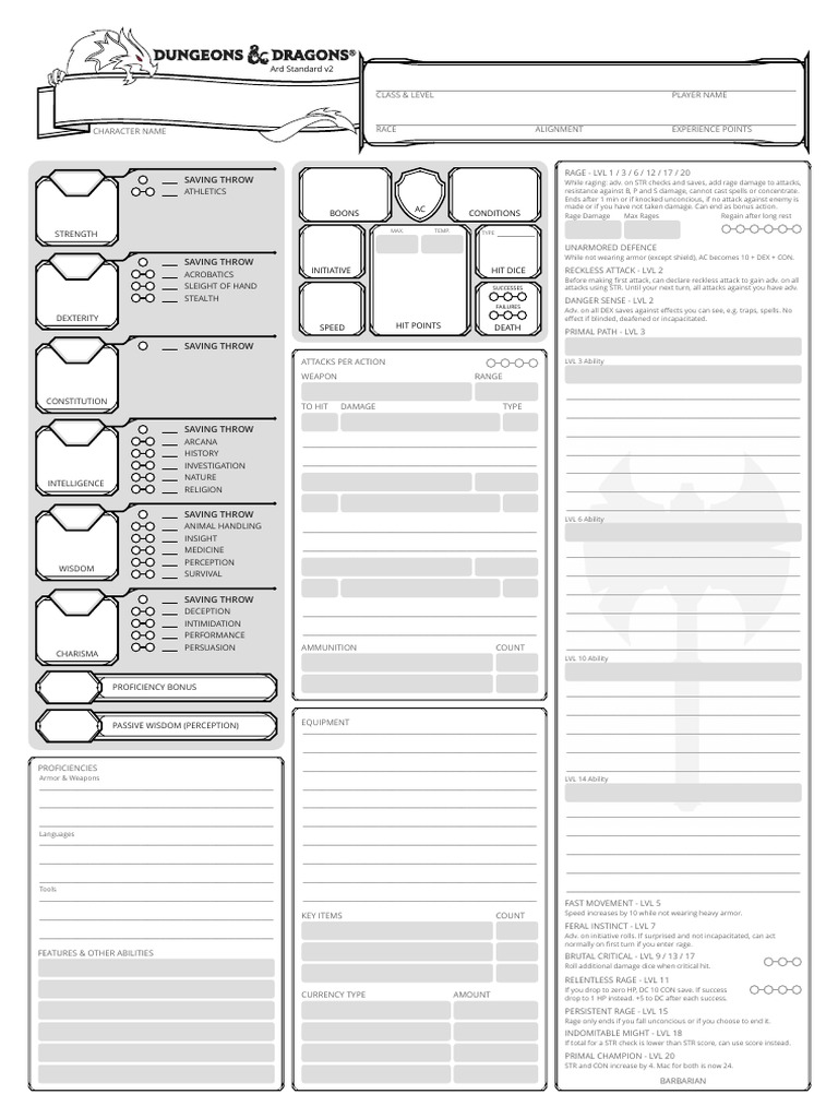 Ard Character Sheet - Barbarian | PDF | Entertainment | Adventure Games