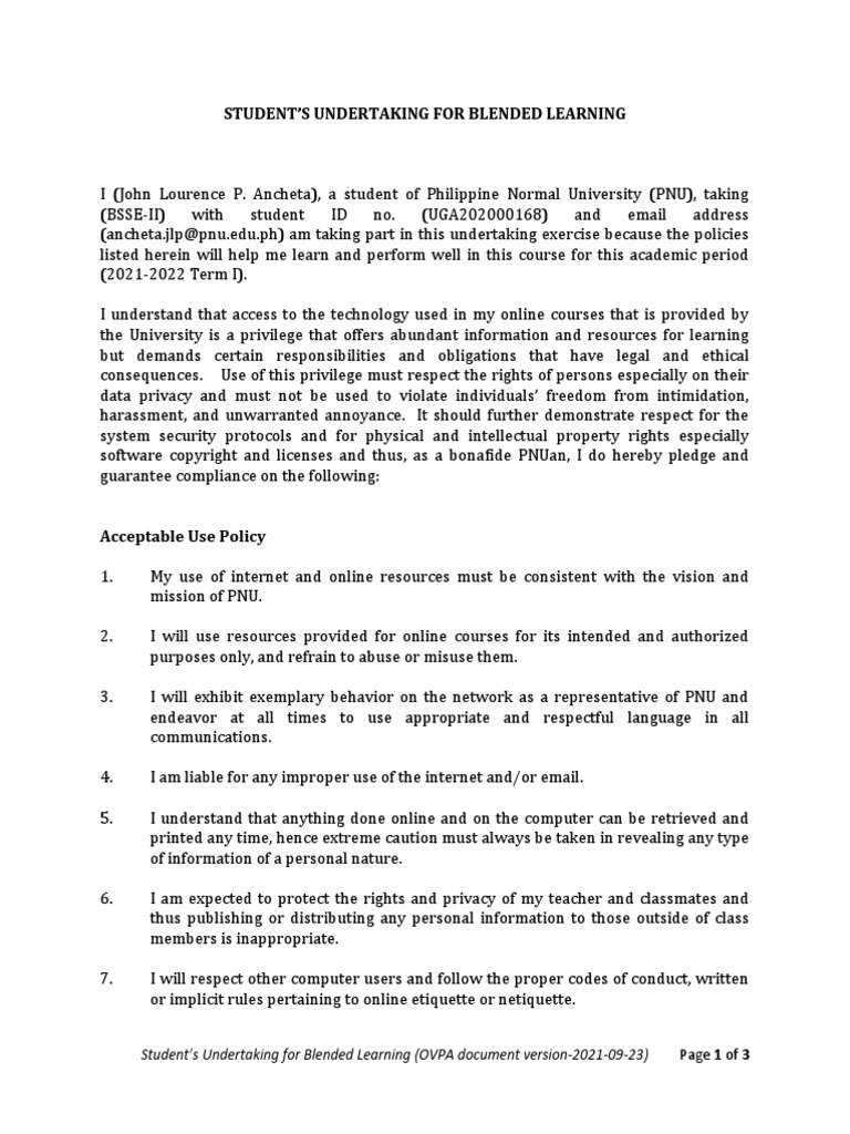 Student'S Undertaking For Blended Learning | Download Free PDF ...