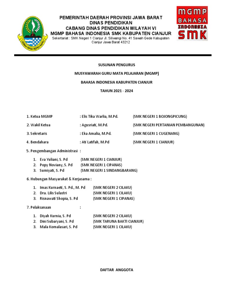 SUSUNAN PENGURUS MGMP Baru | PDF