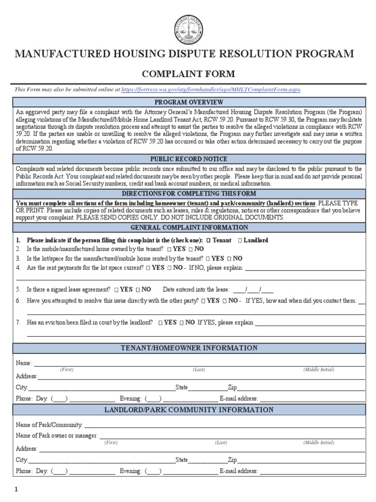 Manufactured Housing Complaint Form | PDF | Complaint | Landlord