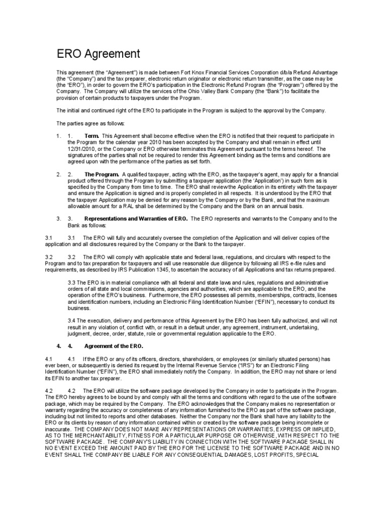 ERO Agreement | PDF | Internal Revenue Service | Indemnity