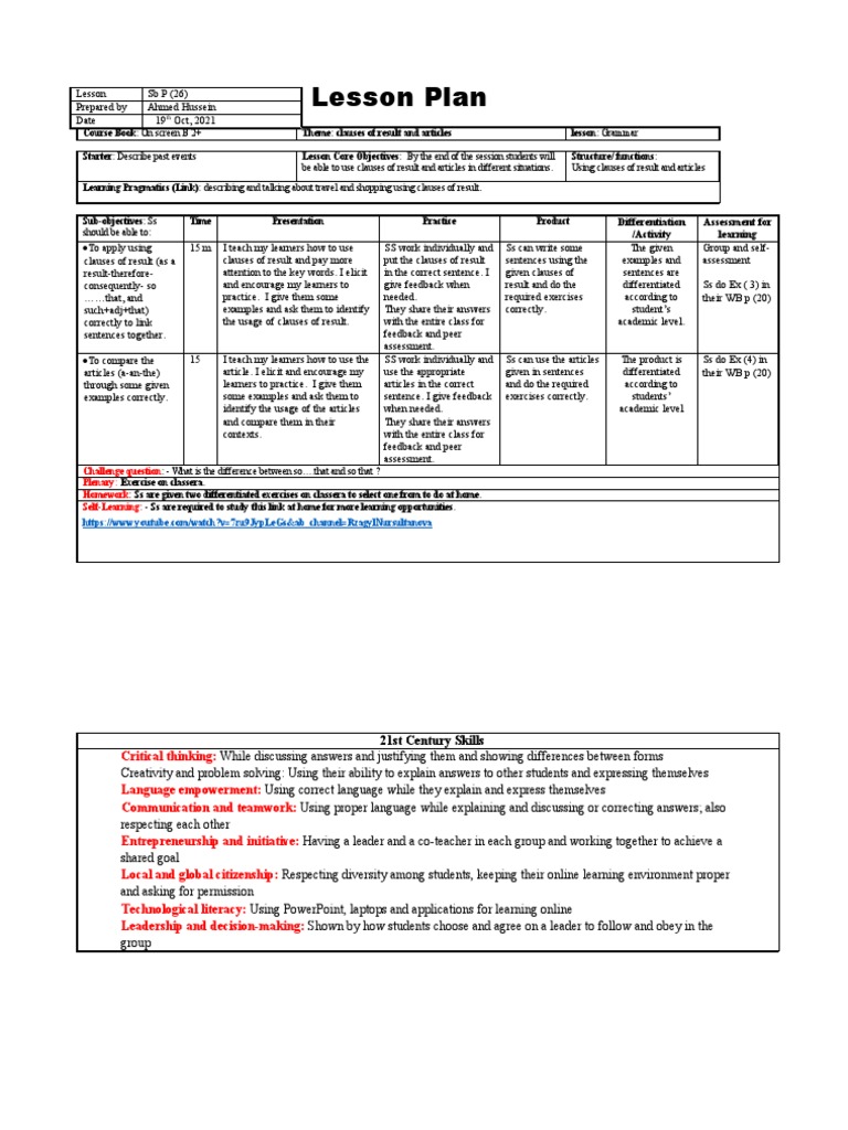 Lesson Plan: Be Able To Use Clauses of Result and Articles in Different ...