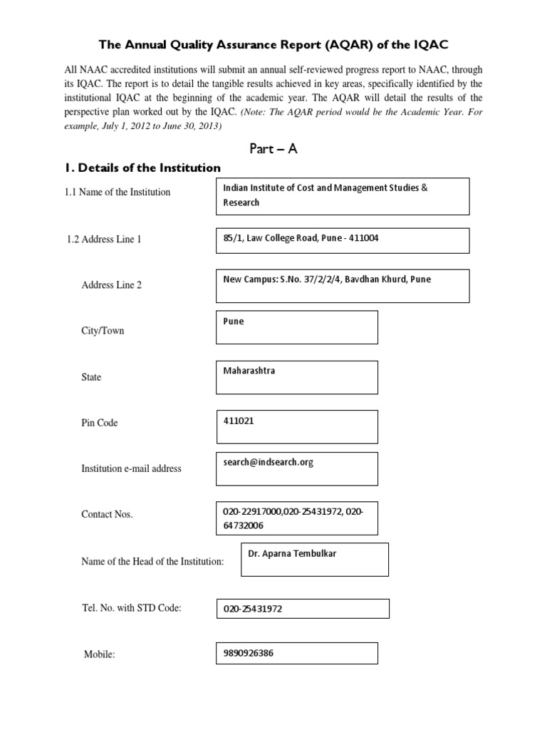 Part - A: The Annual Quality Assurance Report (AQAR) of The IQAC | PDF ...