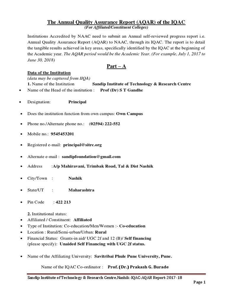 AQAR-Report 2017-18 Sandip Institute of Technology & Research Centre | PDF | Educational ...