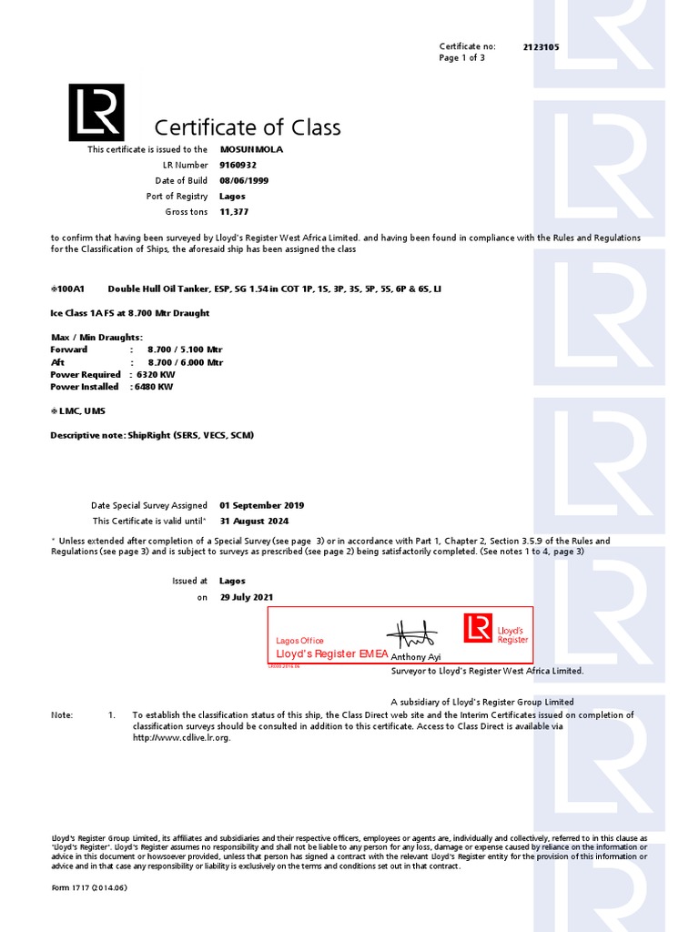 Certificate of Class: Lloyd's Register EMEA | Download Free PDF | Civil ...