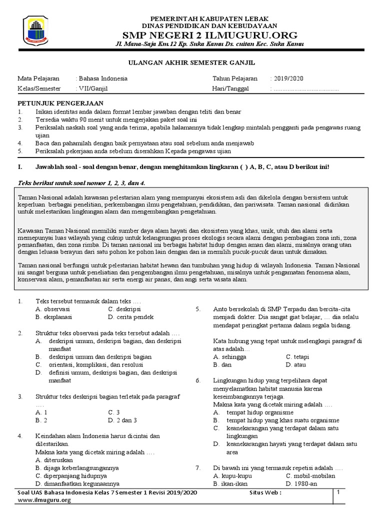 Ilmuguru - Org - Soal UAS 1 Bhs Indonesia Kls 7 | PDF | Kajian Bahasa Asing