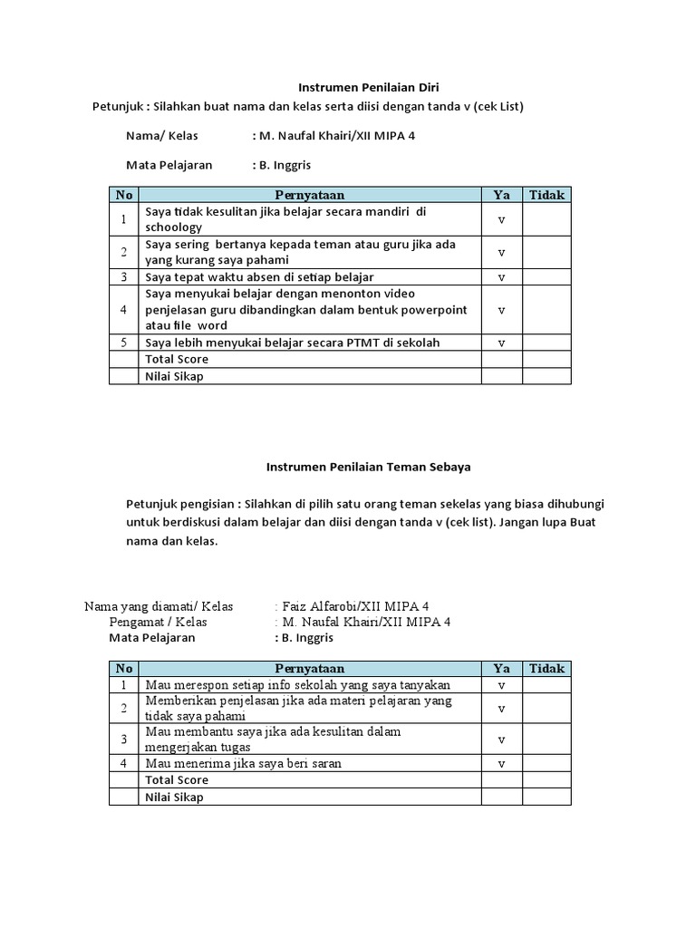 Instrumen Penilaian Diri Dan Teman Sebaya | PDF | Karier & Perkembangan