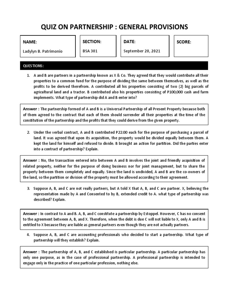 Quiz On Partnership: General Provisions: Score: Date: Section: Name ...