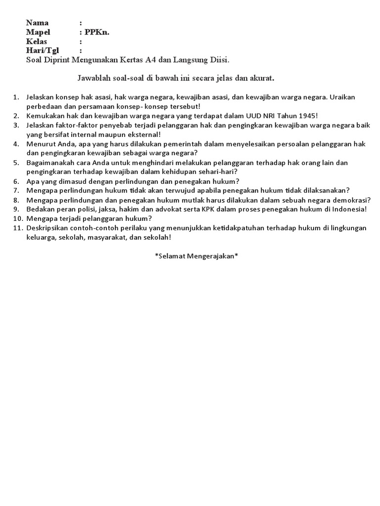 Soal PPKN Bab 1, Dan Bab. 2. Esay 2021 | PDF