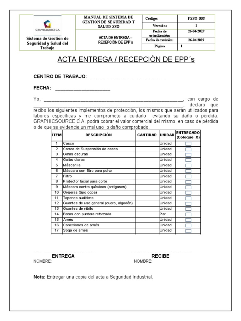 Acta de Entrega y Recepción Epps Bodega CRIERA | PDF