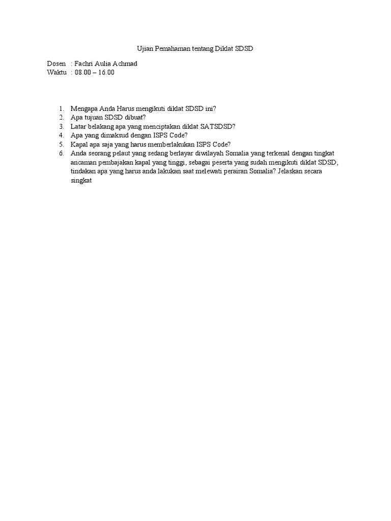 Ujian Pemahaman Tentang Diklat SDSD | PDF