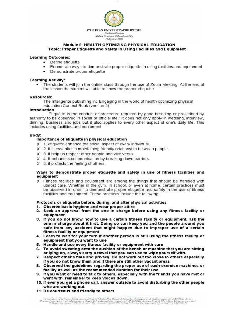 Hope Module Etiqutte | PDF | Etiquette | Physical Education