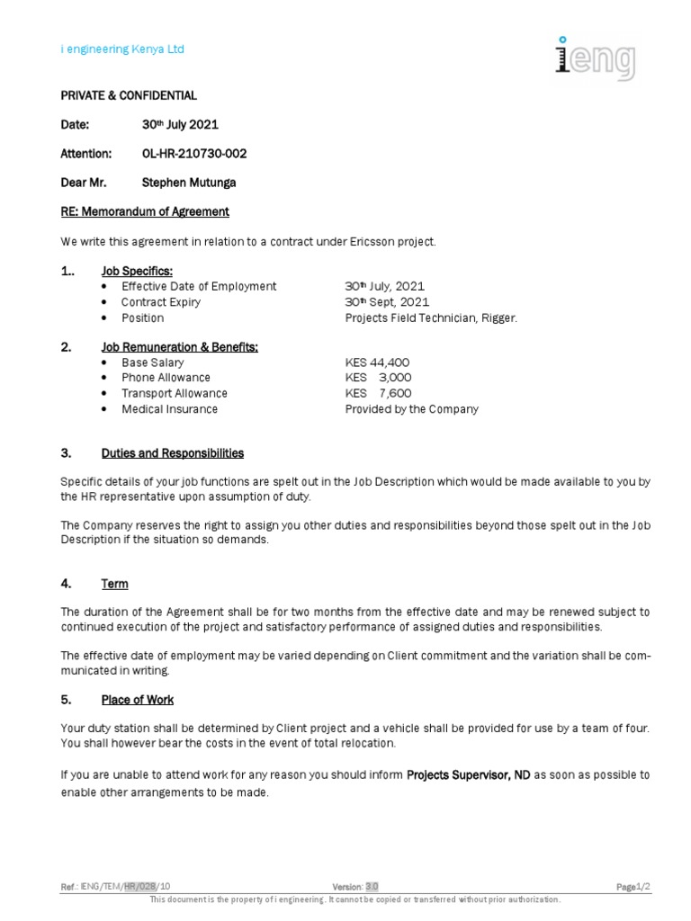 iEngineering Kenya Employment Agreement | PDF | Confidentiality ...