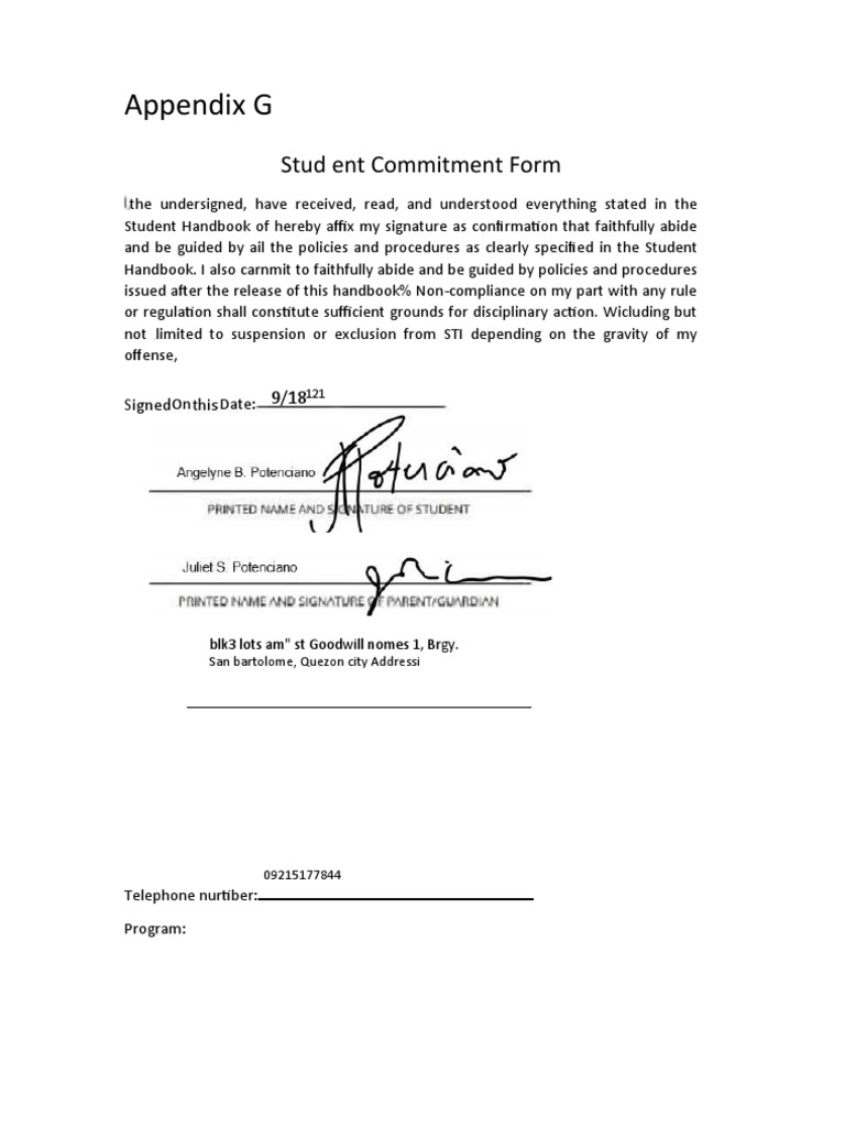 Appendix G: Stud Ent Commitment Form | PDF