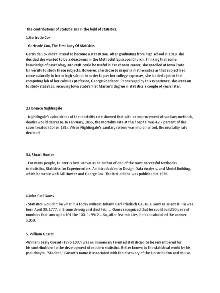 Contributions of Notable Statisticians | PDF | Statistical Inference ...