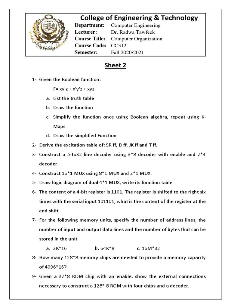 CC312 Computer Organization RT Sheet2 | PDF