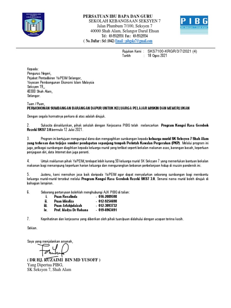 Surat Memohon Sumbangan YaPEIM | PDF