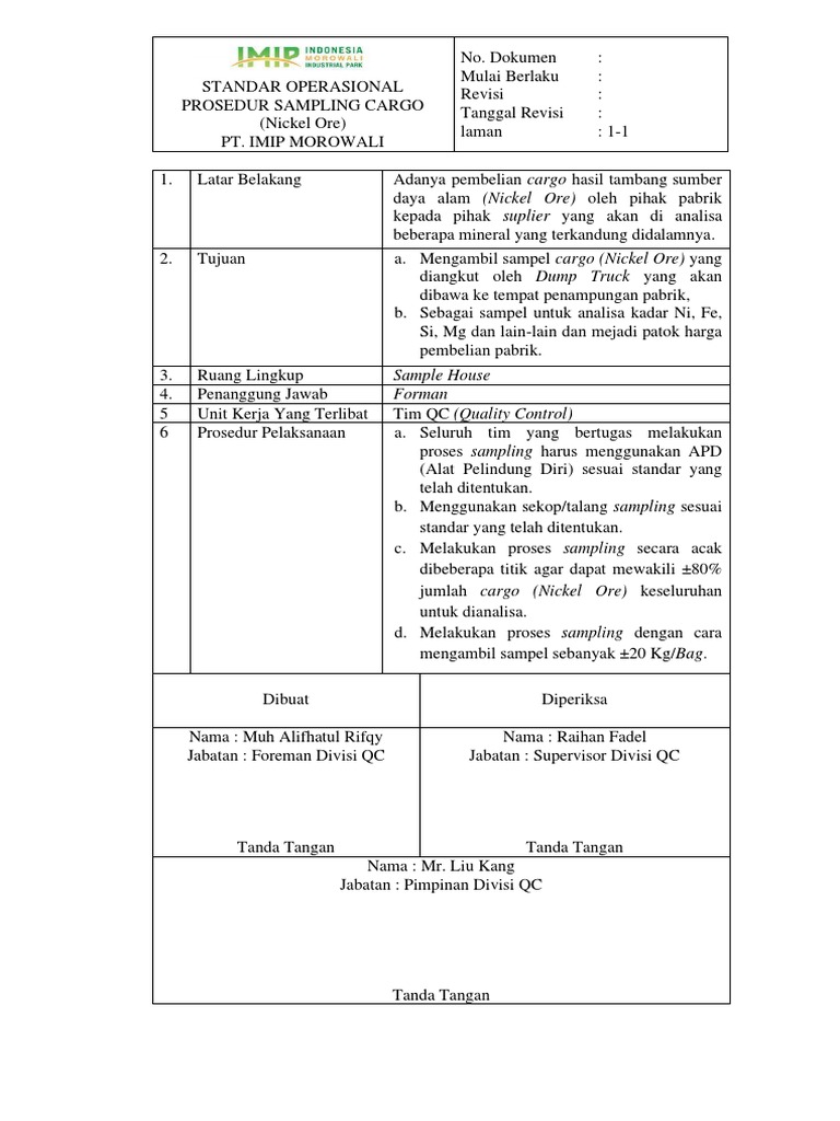SOP Sampling Cargo Nickel Ore | PDF
