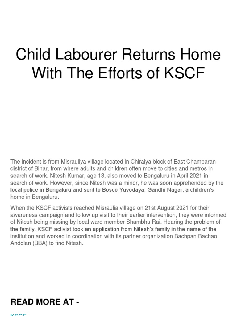 Child Labourer Returns Home With The Efforts of KSCF | PDF