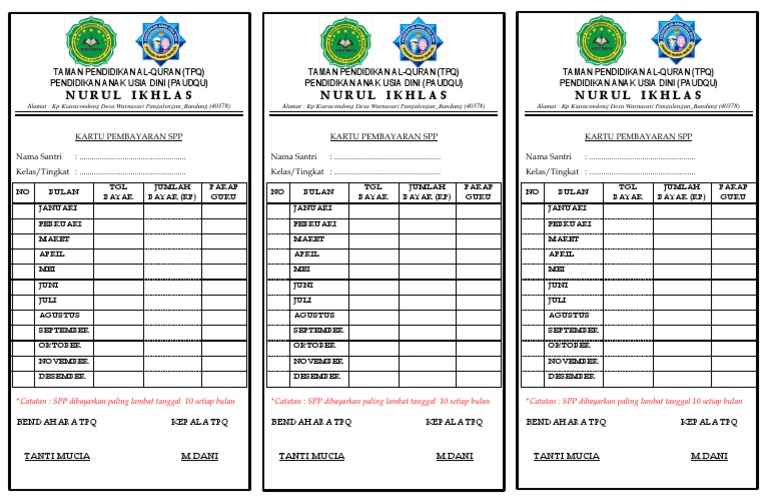 Kartu Pembayaran SPP TPQ & Paudqu Nurul Ikhlas Fix 1 | PDF